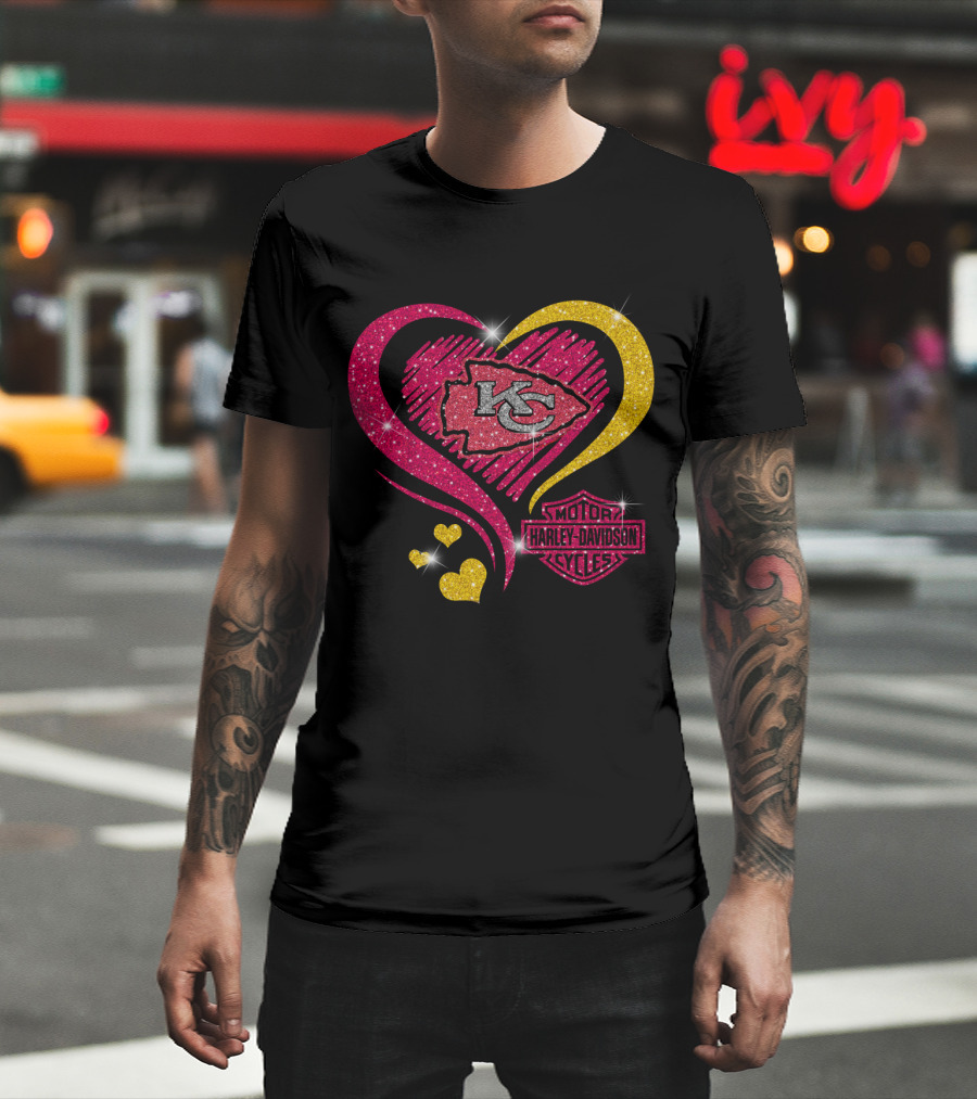 Kansas City Chiefs Harley Davidson Motorcycles Heart Kc Logo Glitter T-Shirt