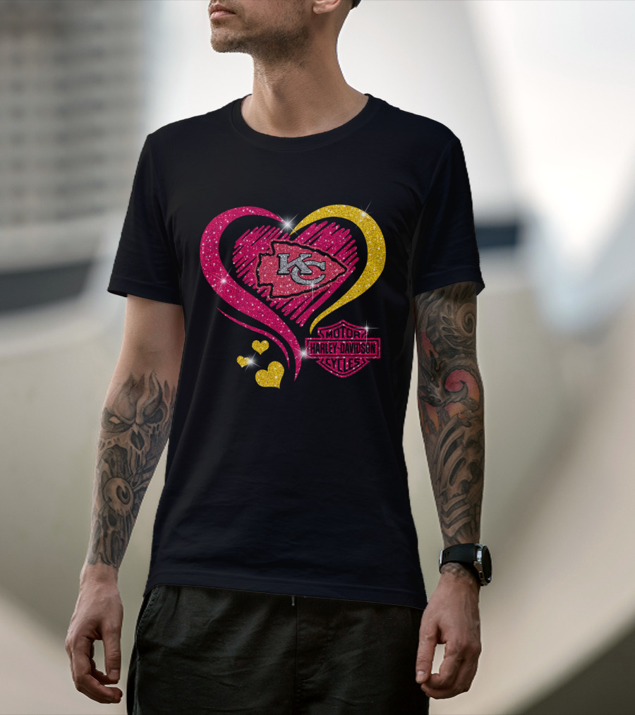 Kansas City Chiefs Harley Davidson Motorcycles Heart Kc Logo Glitter T-Shirt