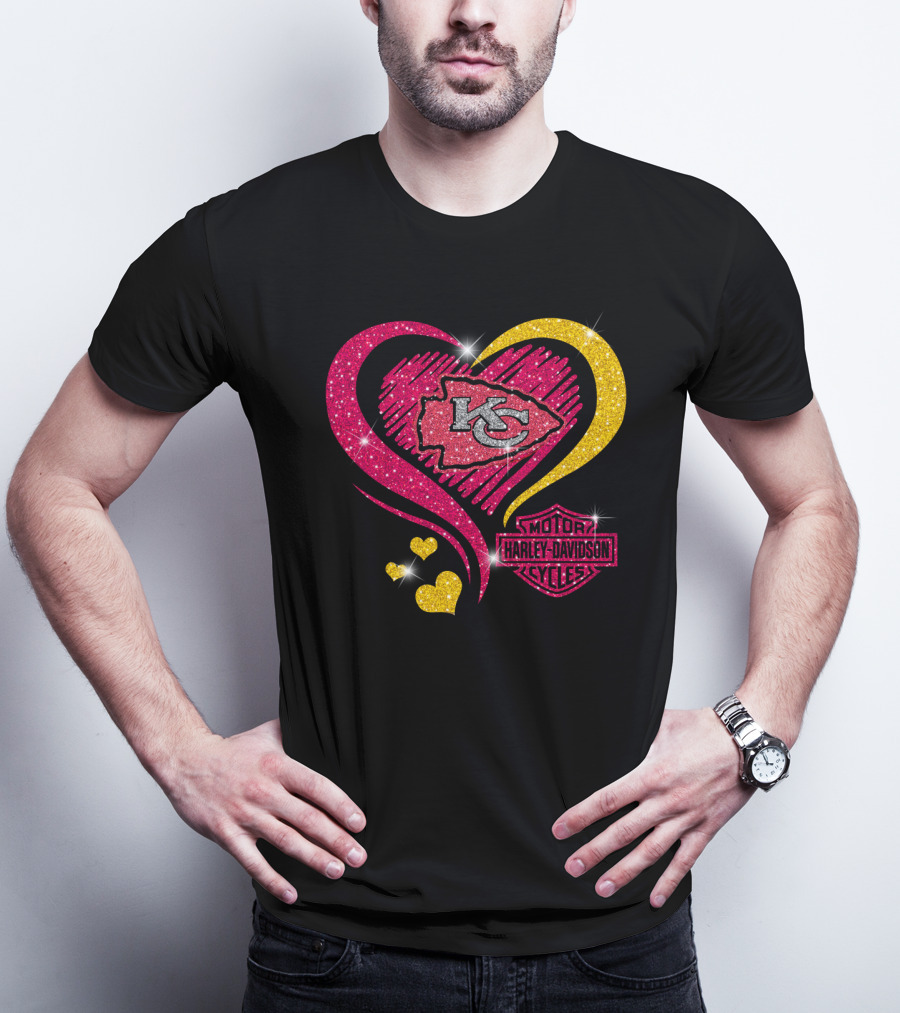 Kansas City Chiefs Harley Davidson Motorcycles Heart Kc Logo Glitter T-Shirt