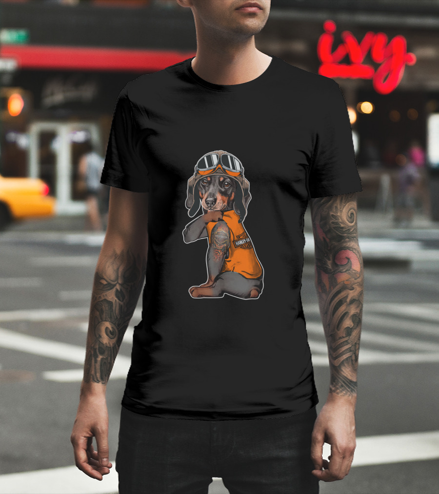 Hd Tatoo Dachshund In Harley Davidson Biker Gear T-Shirt