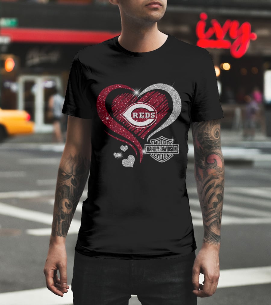 0307Hd Cincinnati Reds Harley Davidson Sparkling Heart T-Shirt