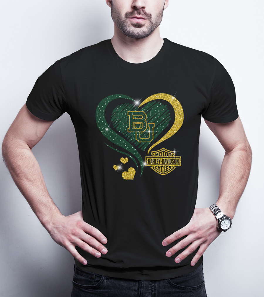 Bu Baylor Bears Harley Davidson Sparkling Heart T-Shirt