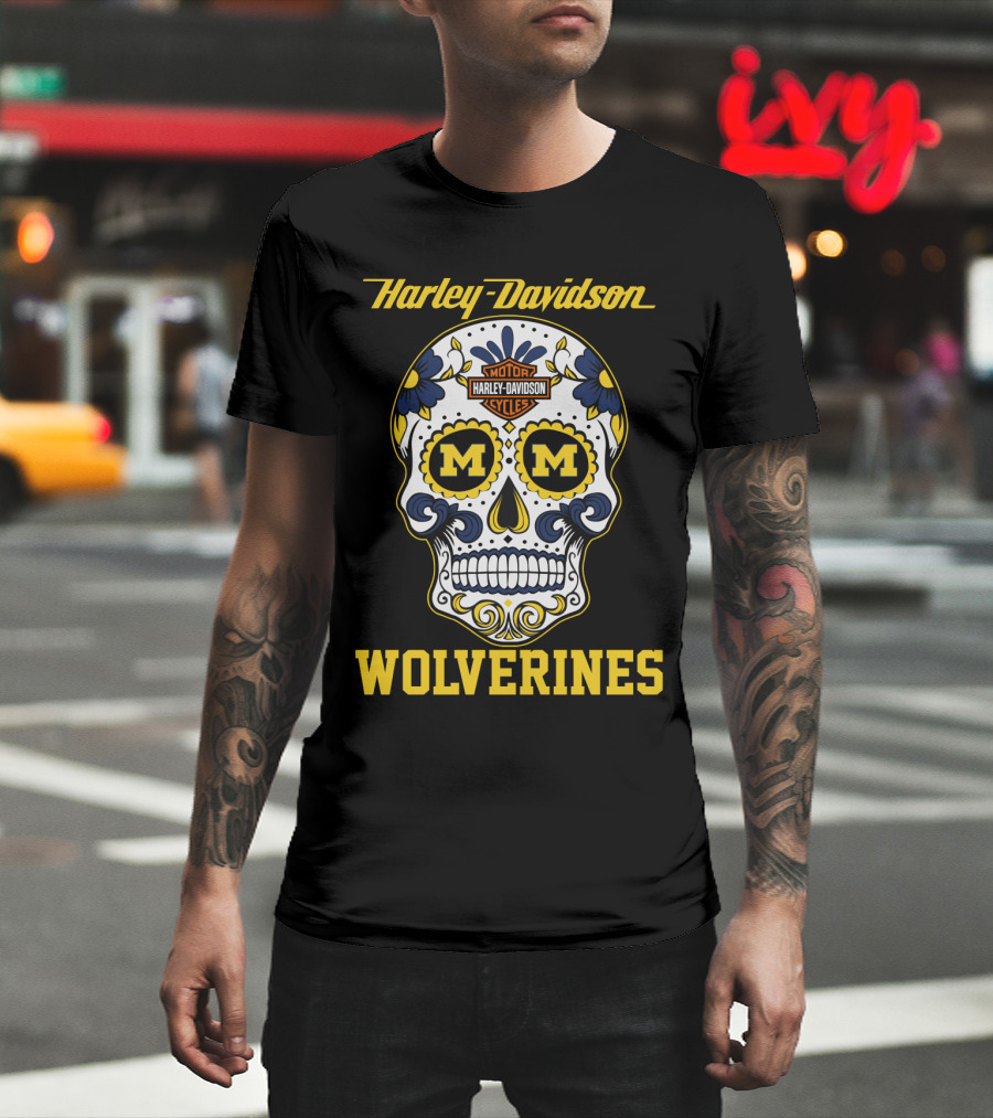Harley Davidson Motor Cycles Michigan Wolverines Skull T-Shirt