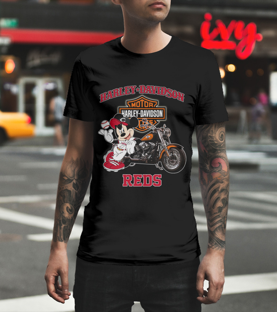 Harley Davidson Reds Cincinnati Motorcycle Mickey Mouse Baseball T-Shirt
