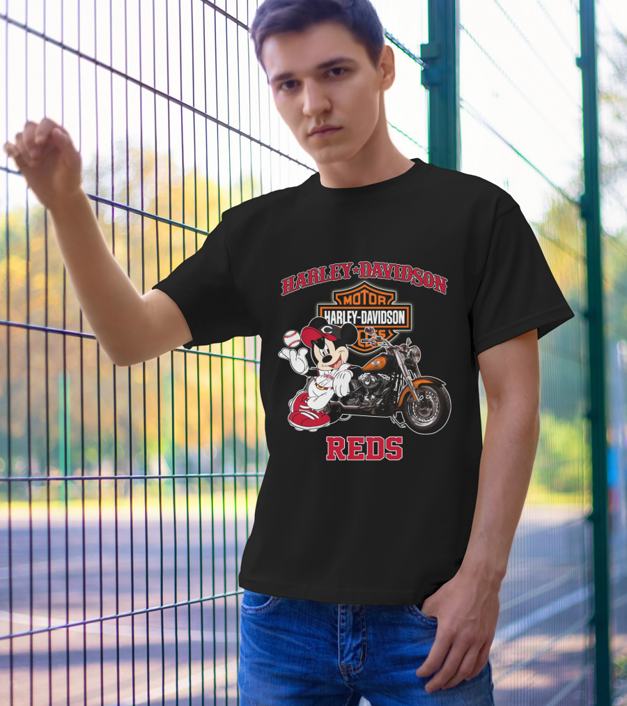Harley Davidson Reds Cincinnati Motorcycle Mickey Mouse Baseball T-Shirt