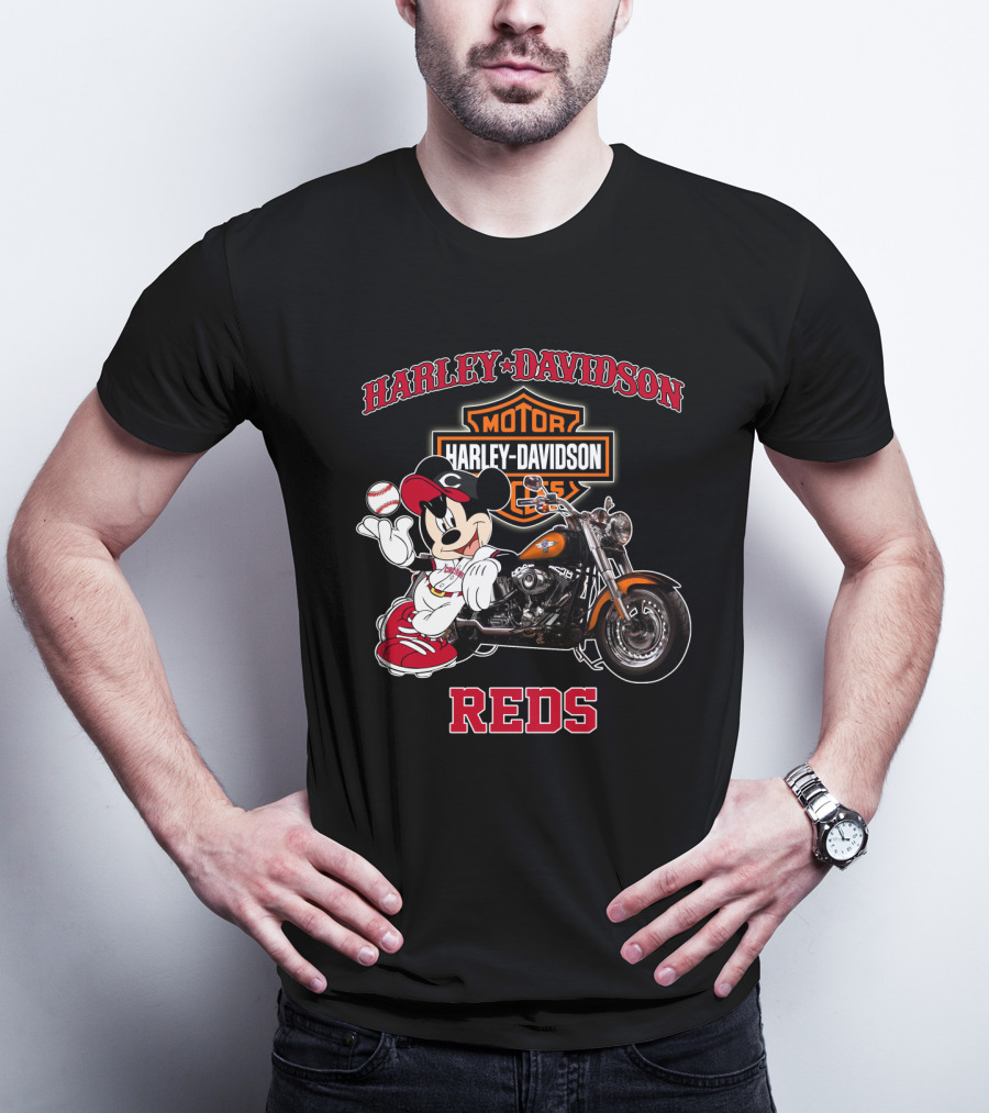 Harley Davidson Reds Cincinnati Motorcycle Mickey Mouse Baseball T-Shirt