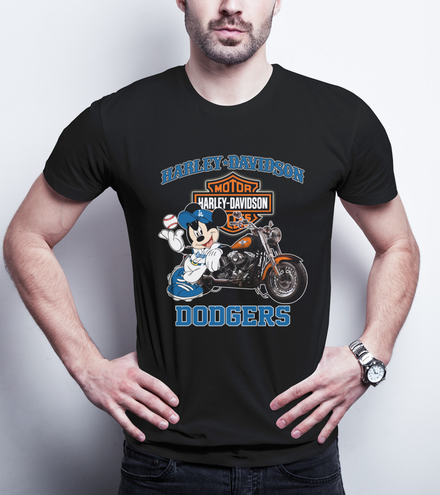 Harley Davidson Los Angeles Dodgers Mickey Mouse Motorcycle Baseball T-Shirt