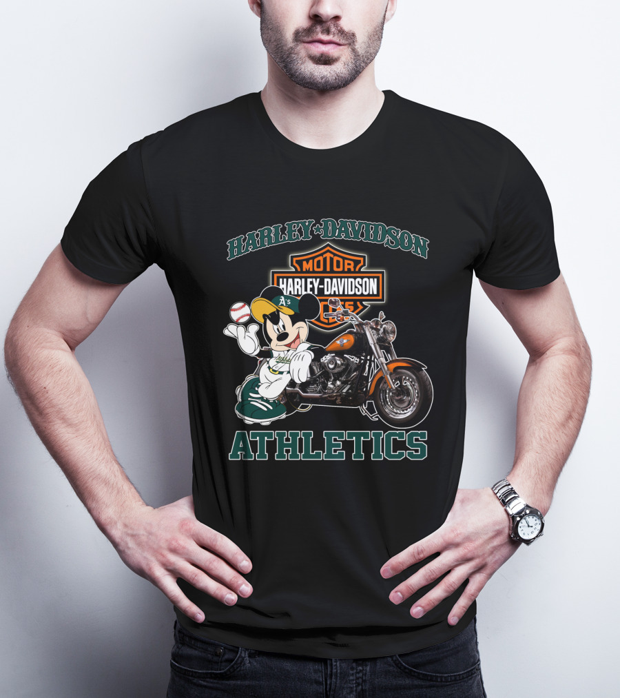 Harley Davidson Oakland Athletics With Mickey Mouse Baseball Motorcycle T-Shirt