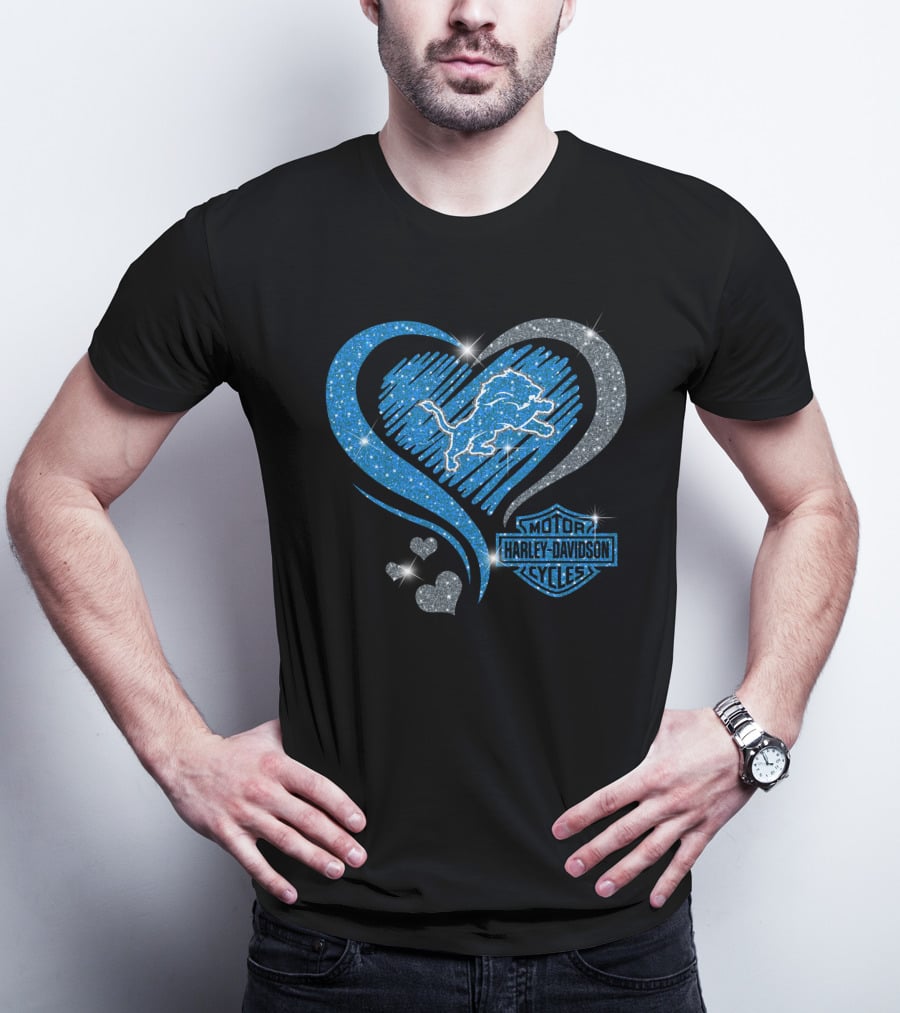 Hd Ll Detroit Lions Harley Davidson Cycles Sparkle Heart T-Shirt