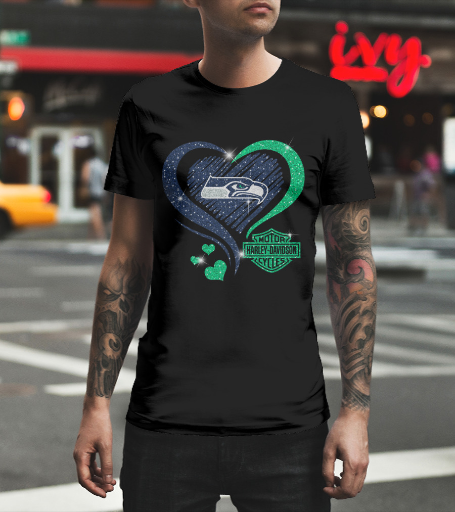 Harley Davidson Motorcycles Heart With Seattle Seahawks T-Shirt