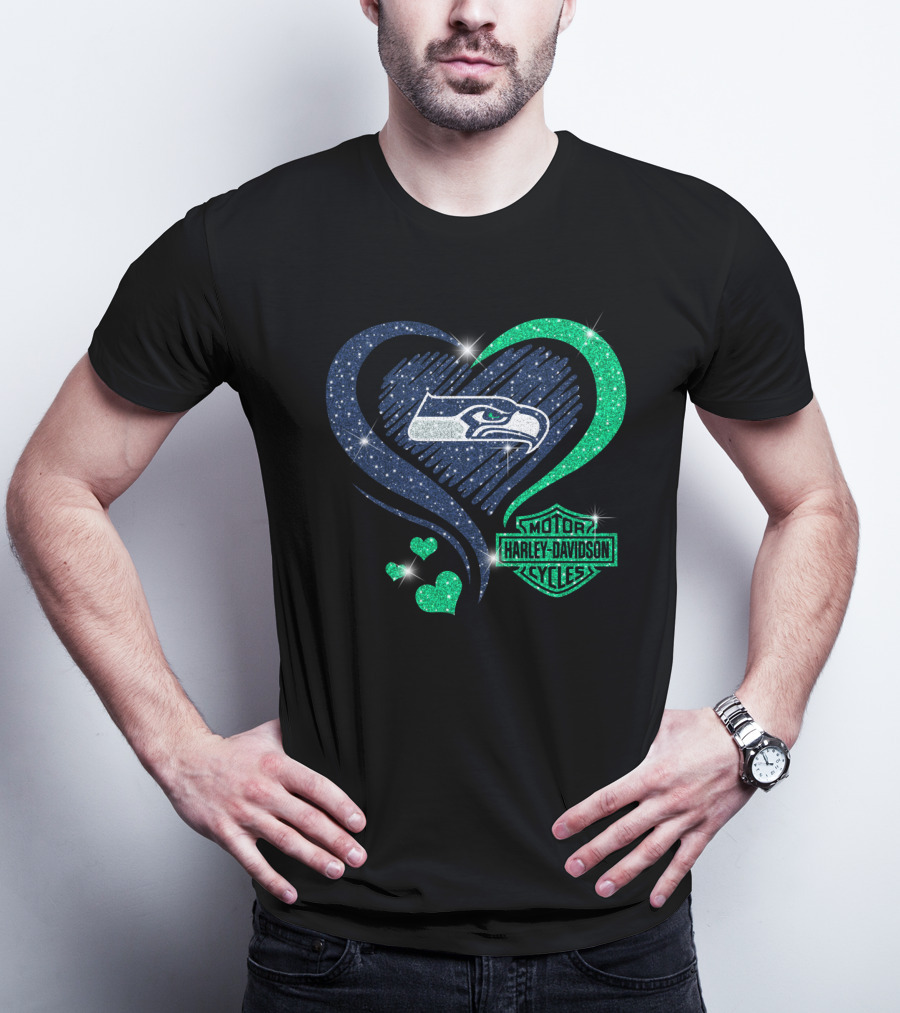 Harley Davidson Motorcycles Heart With Seattle Seahawks T-Shirt