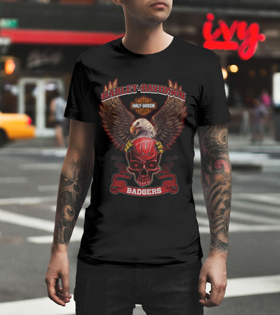 Harley Davidson Wisconsin Badgers Eagle Skull T-Shirt
