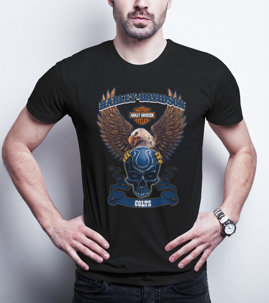 Harley Davidson Motor Cycles Eagle Colts Skull T-Shirt