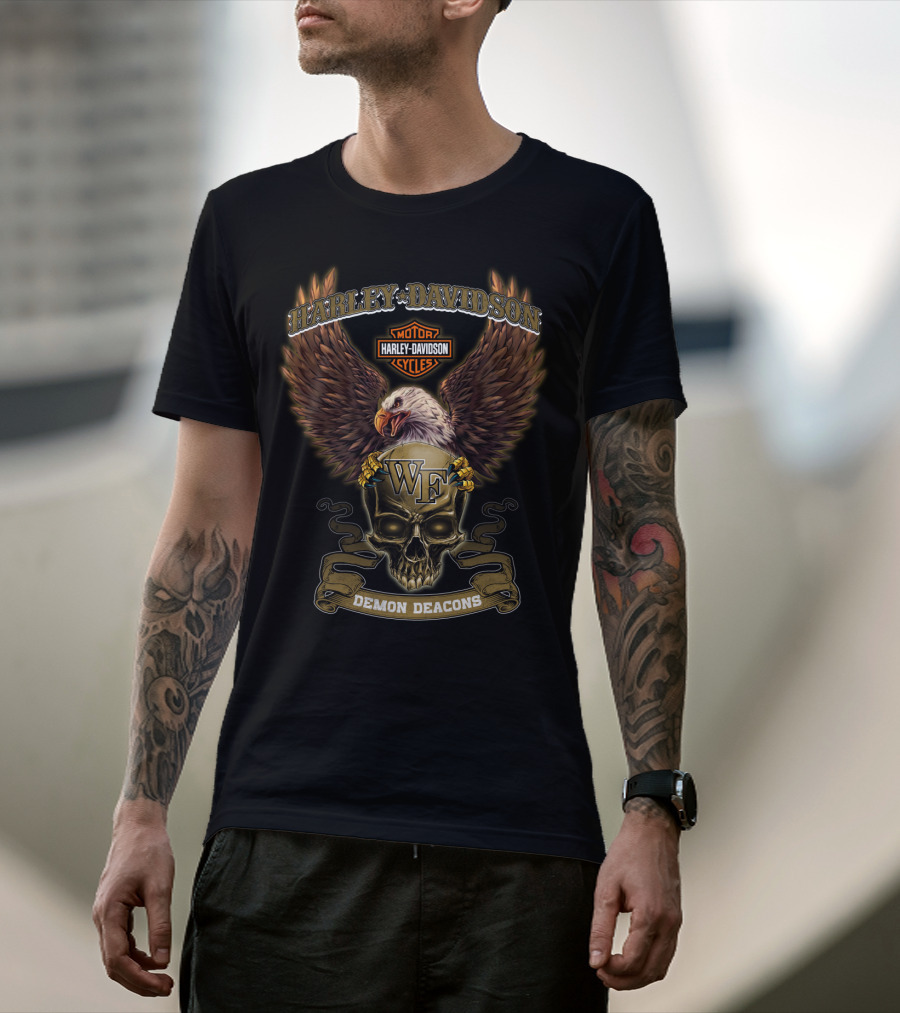 Harley Davidson Motor Cycles Eagle Wf Skull Demon Deacons T-Shirt