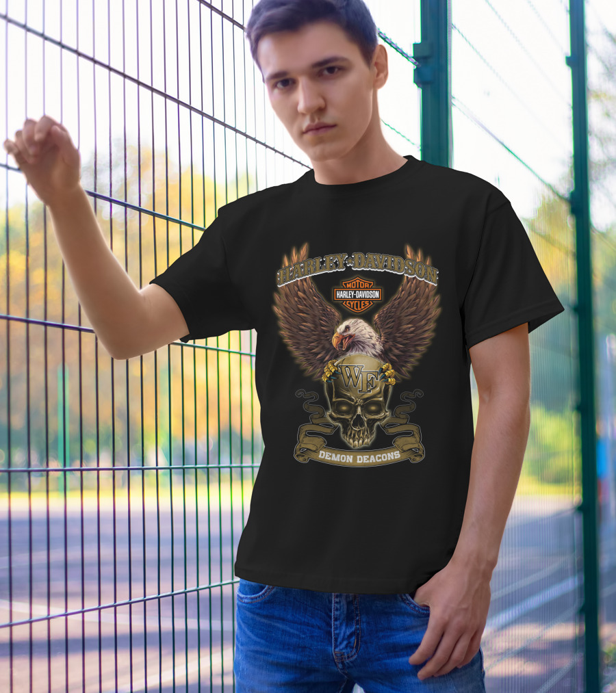 Harley Davidson Motor Cycles Eagle Wf Skull Demon Deacons T-Shirt