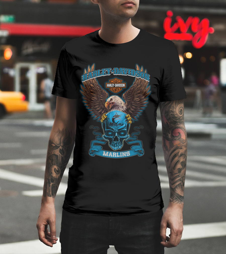 Harley Davidson Miami Marlins Eagle Skull T-Shirt