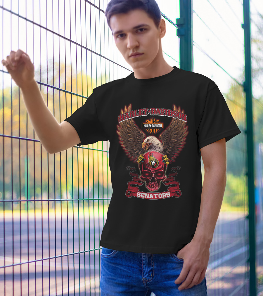 Harley Davidson Motor Cycles Ottawa Senators Eagle Skull T-Shirt