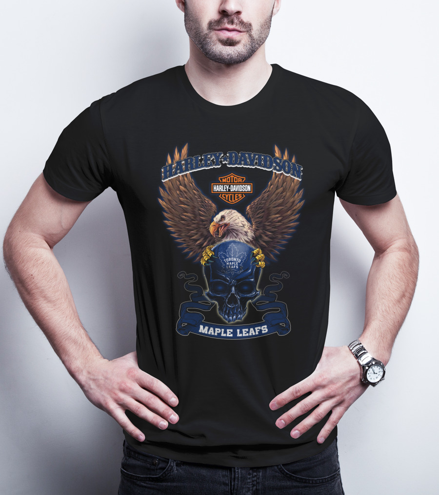 Harley Davidson Toronto Maple Leafs Motor Cycles Eagle Skull T-Shirt