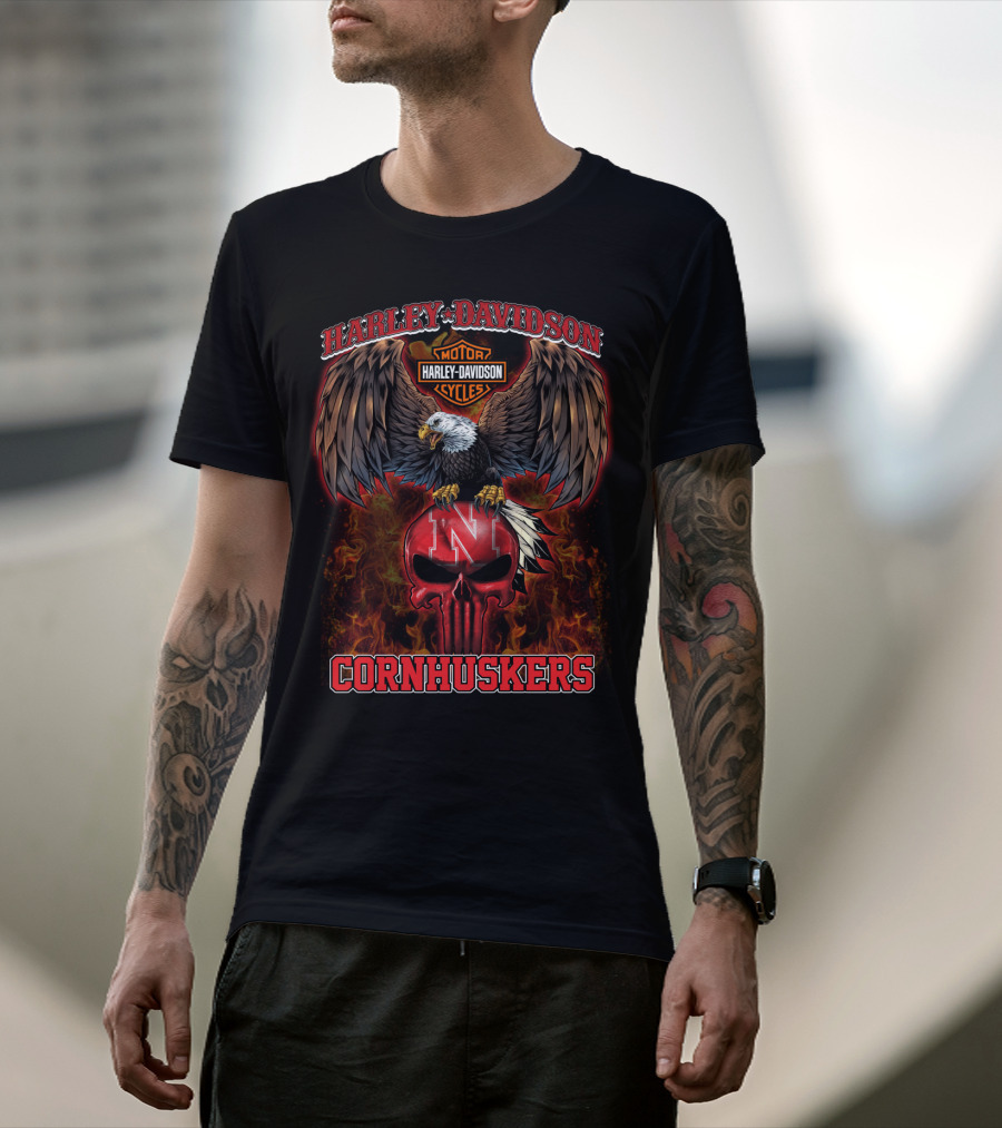 Harley Davidson Eagle Nebraska Cornhuskers Skull Flame T-Shirt