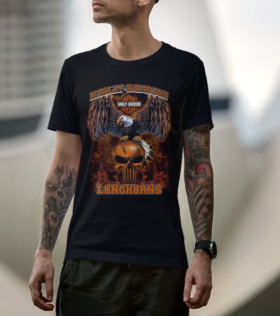 Harley Davidson Motor Cycles Longhorns Eagle Skull T-Shirt