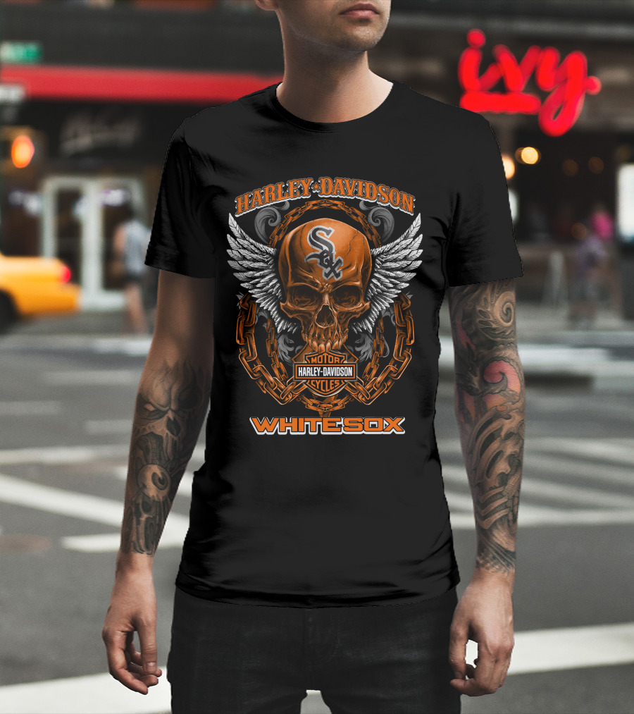 Harley Davidson Motor Cycles White Sox Skull Wings Chains T-Shirt