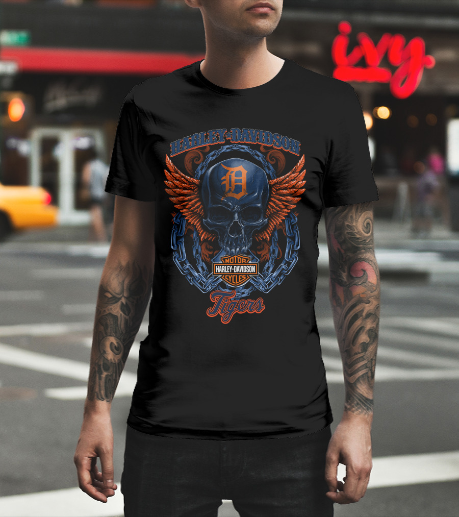 Harley Davidson Motorcycles Detroit Tigers Skull Wings T-Shirt