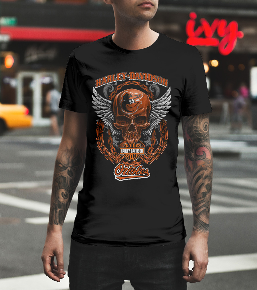 Harley Davidson Wings Skull With Baltimore Orioles Logo And Chain Elements T-Shirt