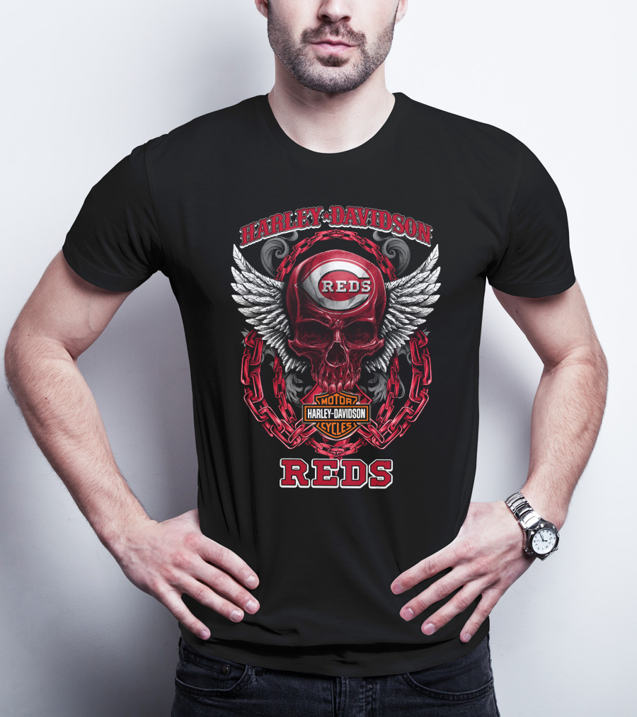 Harley Davidson Cincinnati Reds Skull Wings Chain T-Shirt