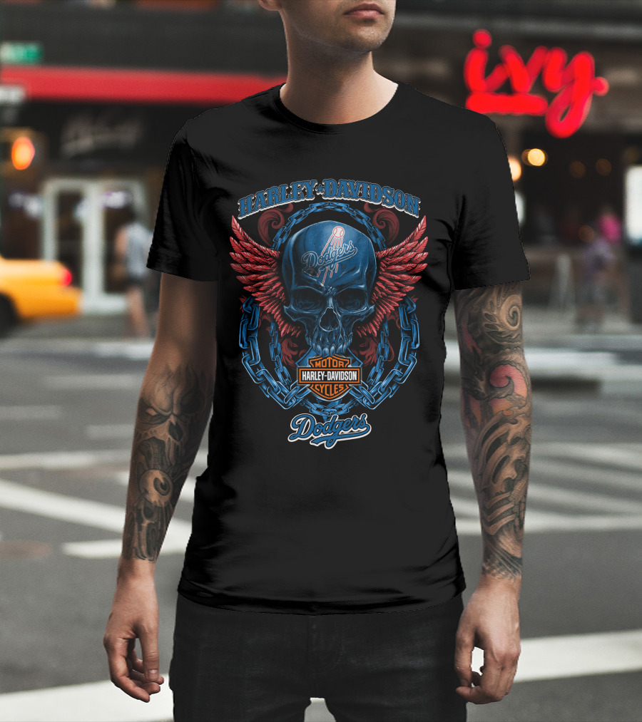 Harley Davidson Los Angeles Dodgers Motor Cycles Skull With Wings T-Shirt