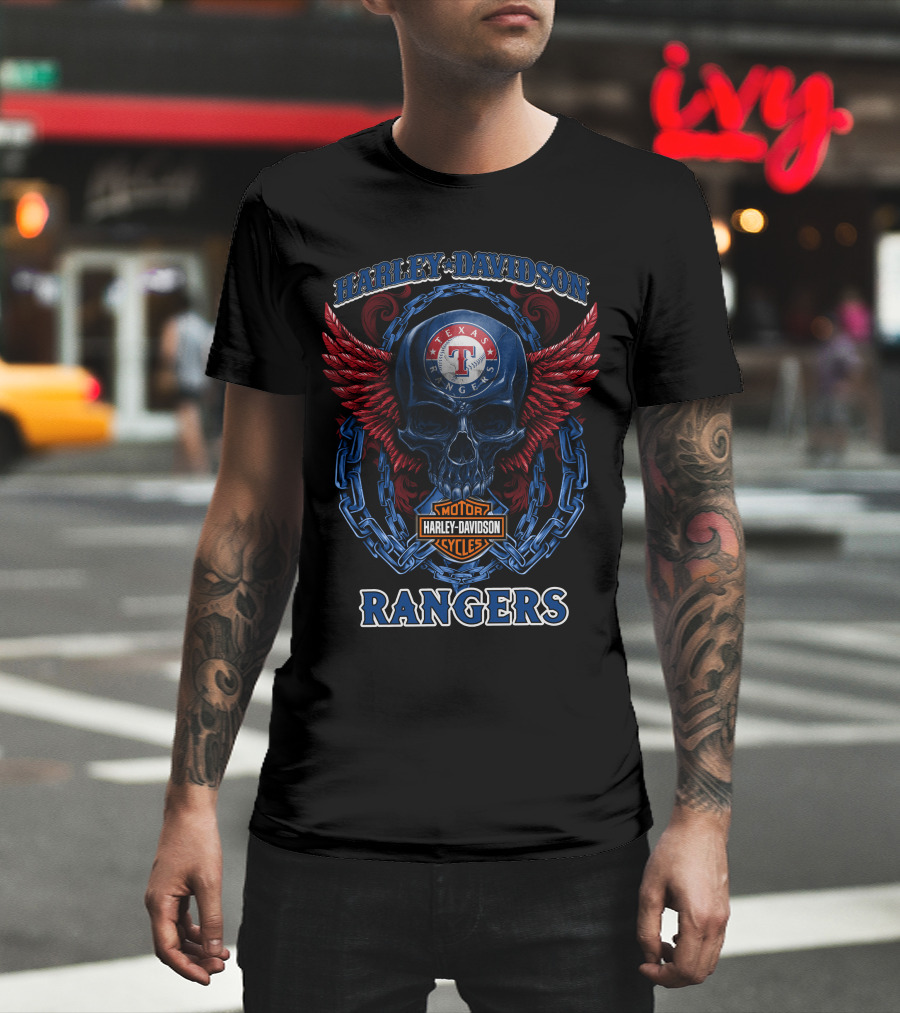 Harley Davidson Texas Rangers Skull Wings Chains T-Shirt