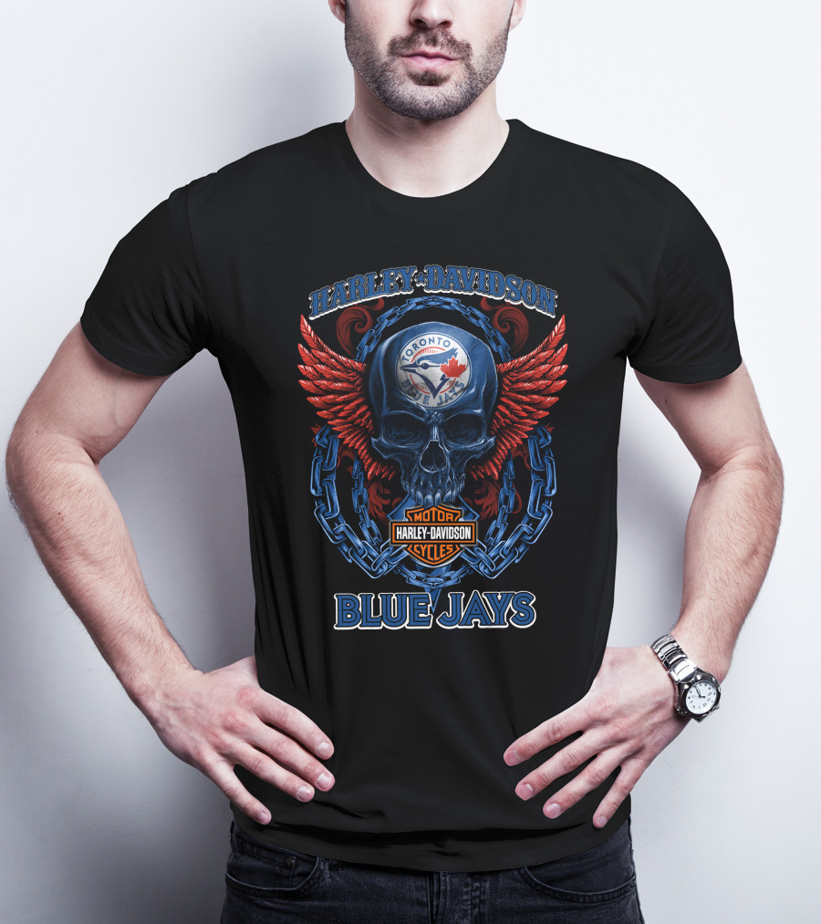 Harley Davidson Toronto Blue Jays Motor Cycles Skull Wings T-Shirt