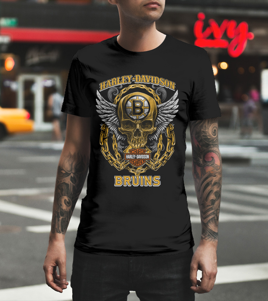 Harley Davidson Motorcycles Bruins Nhl Boston Bruins Skull Winged T-Shirt