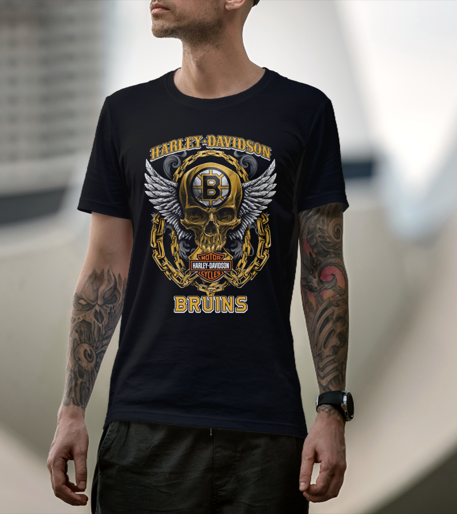 Harley Davidson Motorcycles Bruins Nhl Boston Bruins Skull Winged T-Shirt