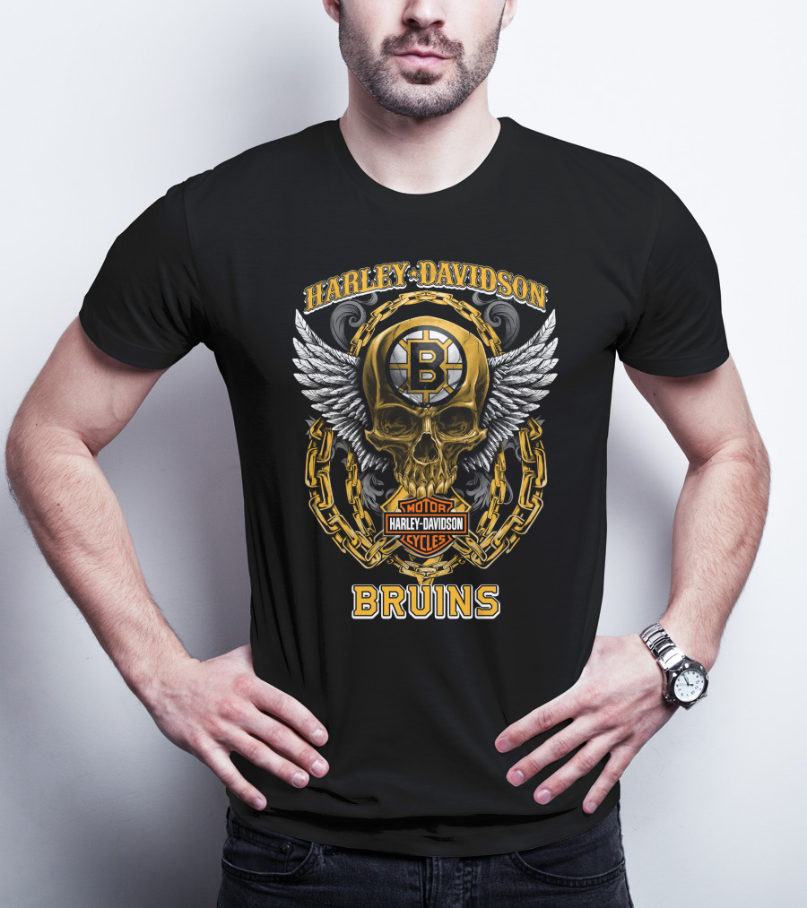 Harley Davidson Motorcycles Bruins Nhl Boston Bruins Skull Winged T-Shirt
