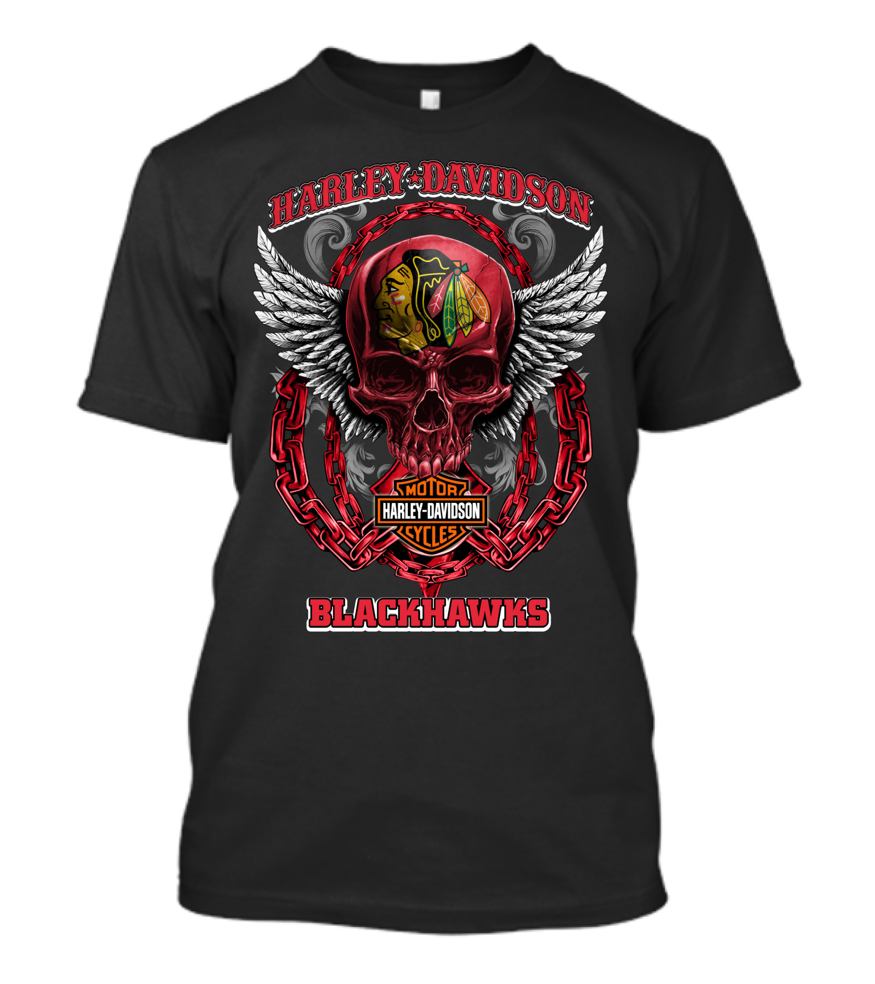 Harley Davidson Blackhawks Nhl Motorcycles Skull Wings Chain T-Shirt