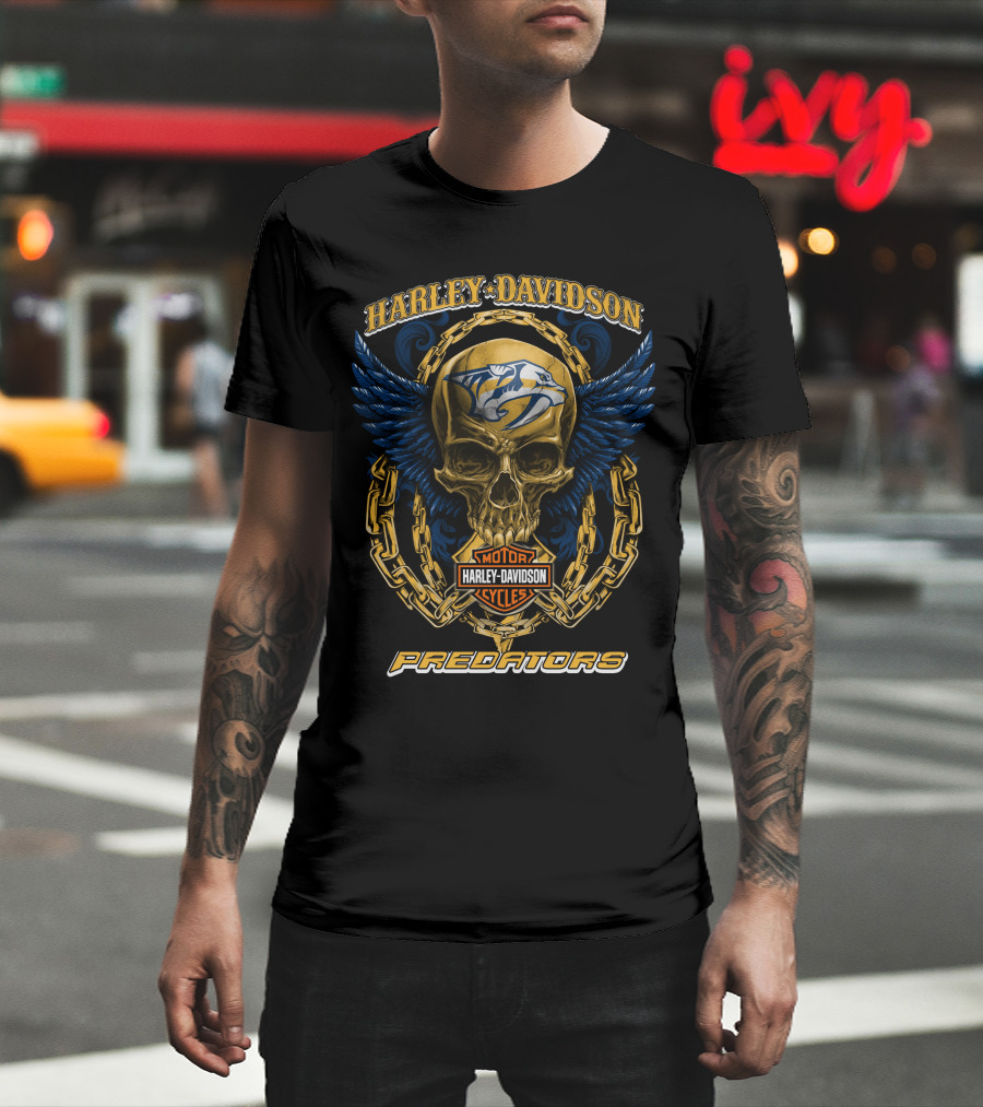 Harley Davidson Motor Cycles Nashville Predators Skull And Chains T-Shirt