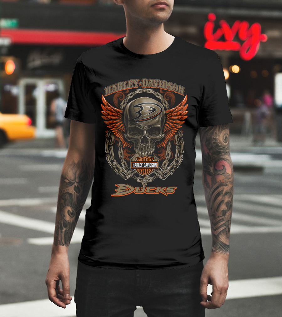 Harley Davidson Anaheim Ducks Nhl Skull Chains Wings T-Shirt