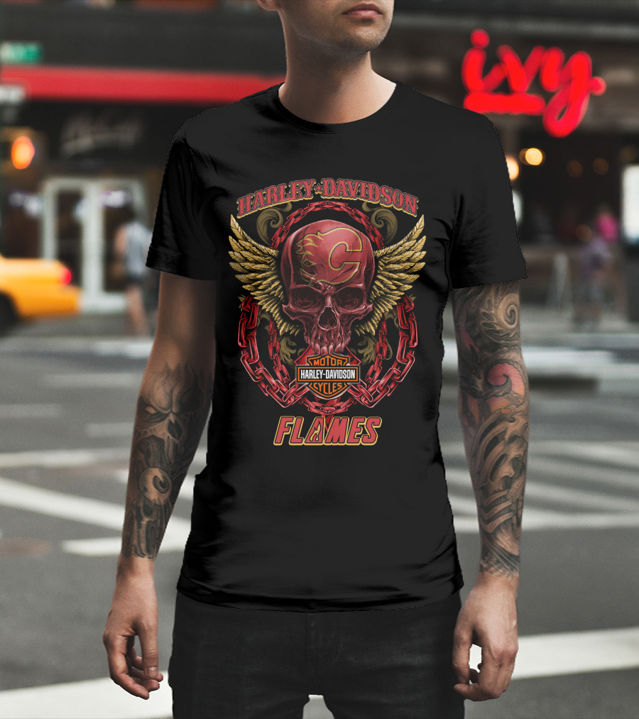 Harley Davidson Calgary Flames Skull Wings Chains T-Shirt