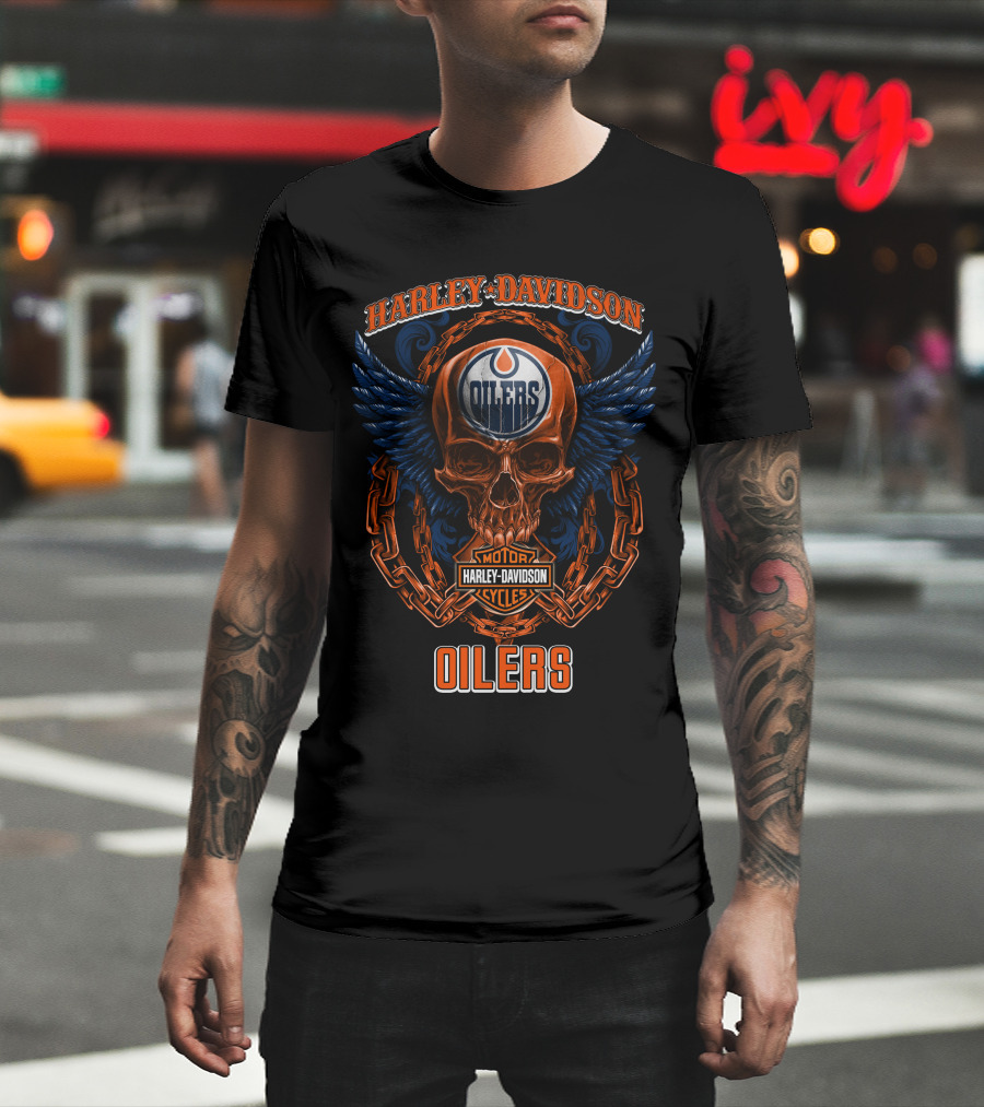 Harley Davidson Nhl Edmonton Oilers Skull And Wings T-Shirt