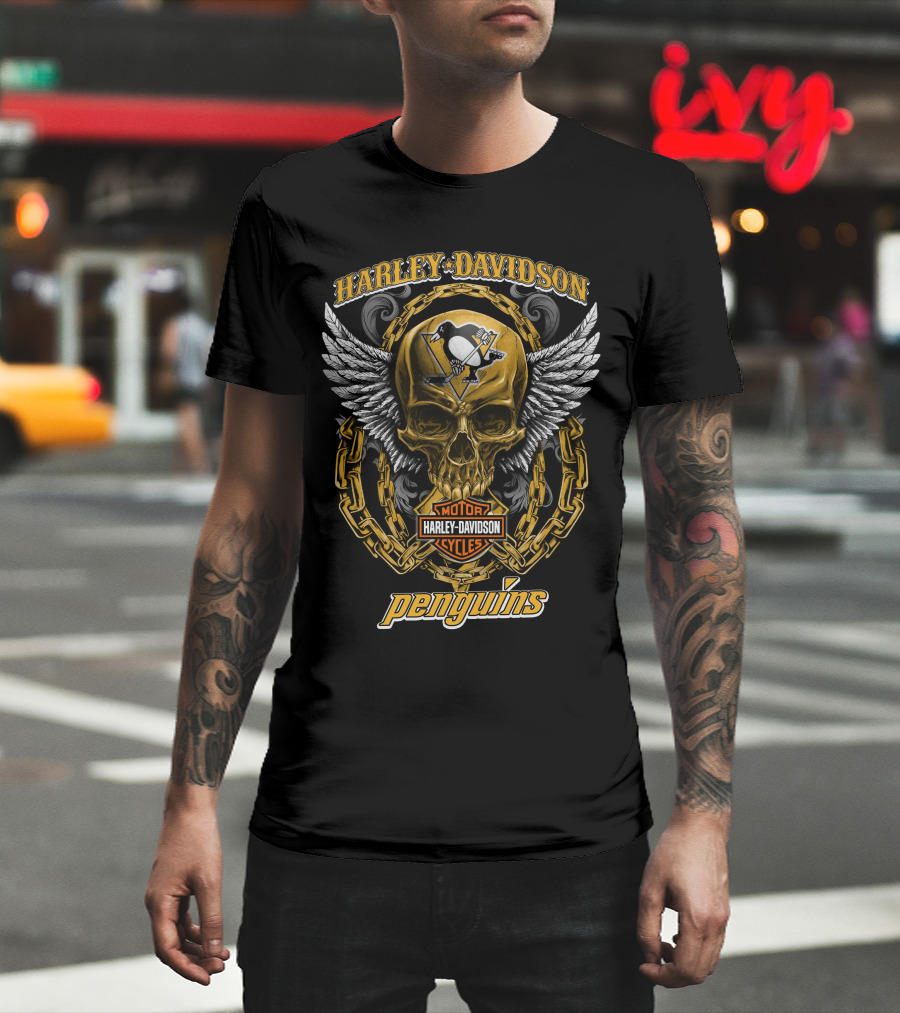 Harley Davidson Pittsburgh Penguins Nhl Skull Wings Chain T-Shirt