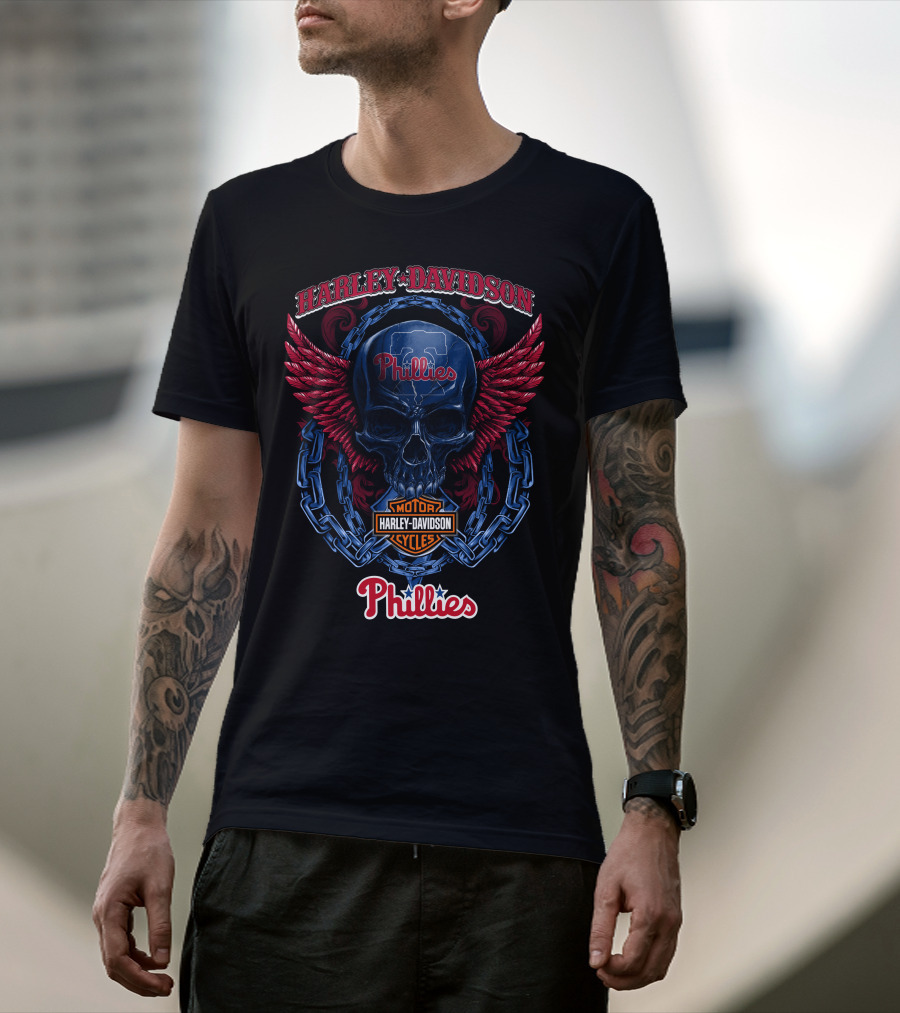 Harley Davidson Phillies Skull Wings Motor Cycles T-Shirt