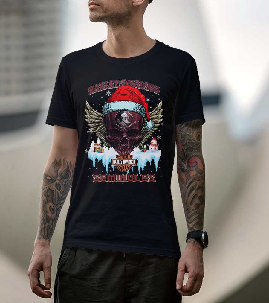 Harley Davidson Seminoles Christmas Skull With Wings And Santa Hat T-Shirt