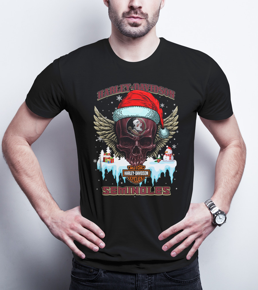 Harley Davidson Seminoles Christmas Skull With Wings And Santa Hat T-Shirt