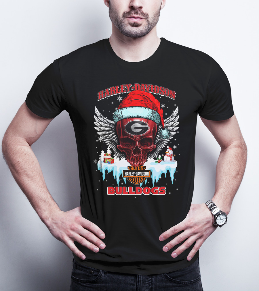 Harley Davidson Georgia Bulldogs Christmas Skull With Santa Hat T-Shirt