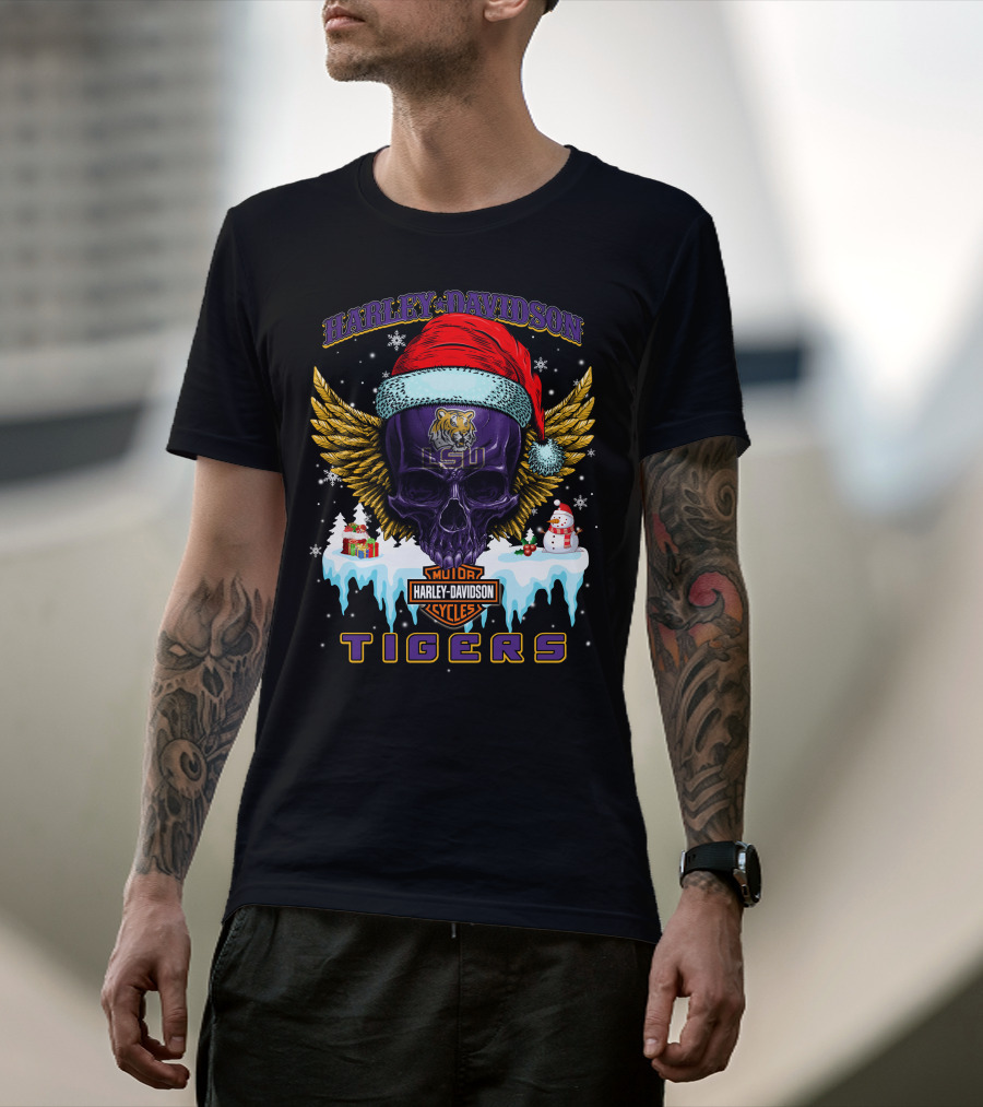 Harley Davidson Lsu Tigers Santa Skull Wings Baton Rouge Holiday Gifts T-Shirt