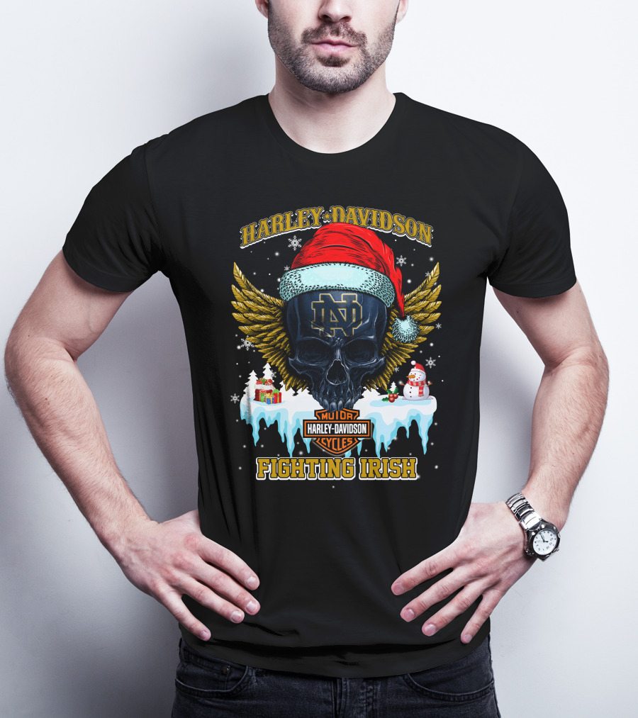 Harley Davidson Notre Dame Fighting Irish Santa Skull T-Shirt