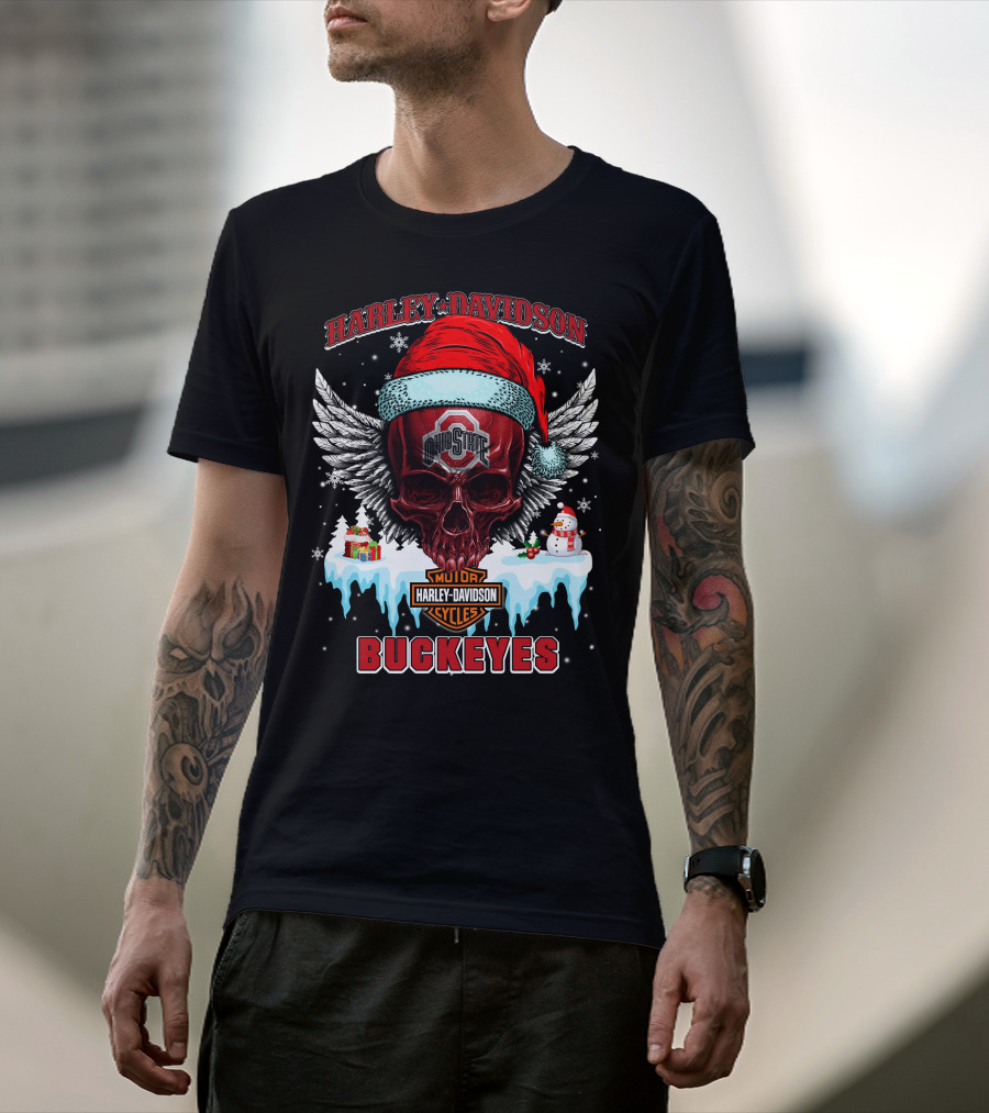 Harley Davidson Ohio State Buckeyes Motorcycles Cycles Santa Skull Wings Snowman T-Shirt