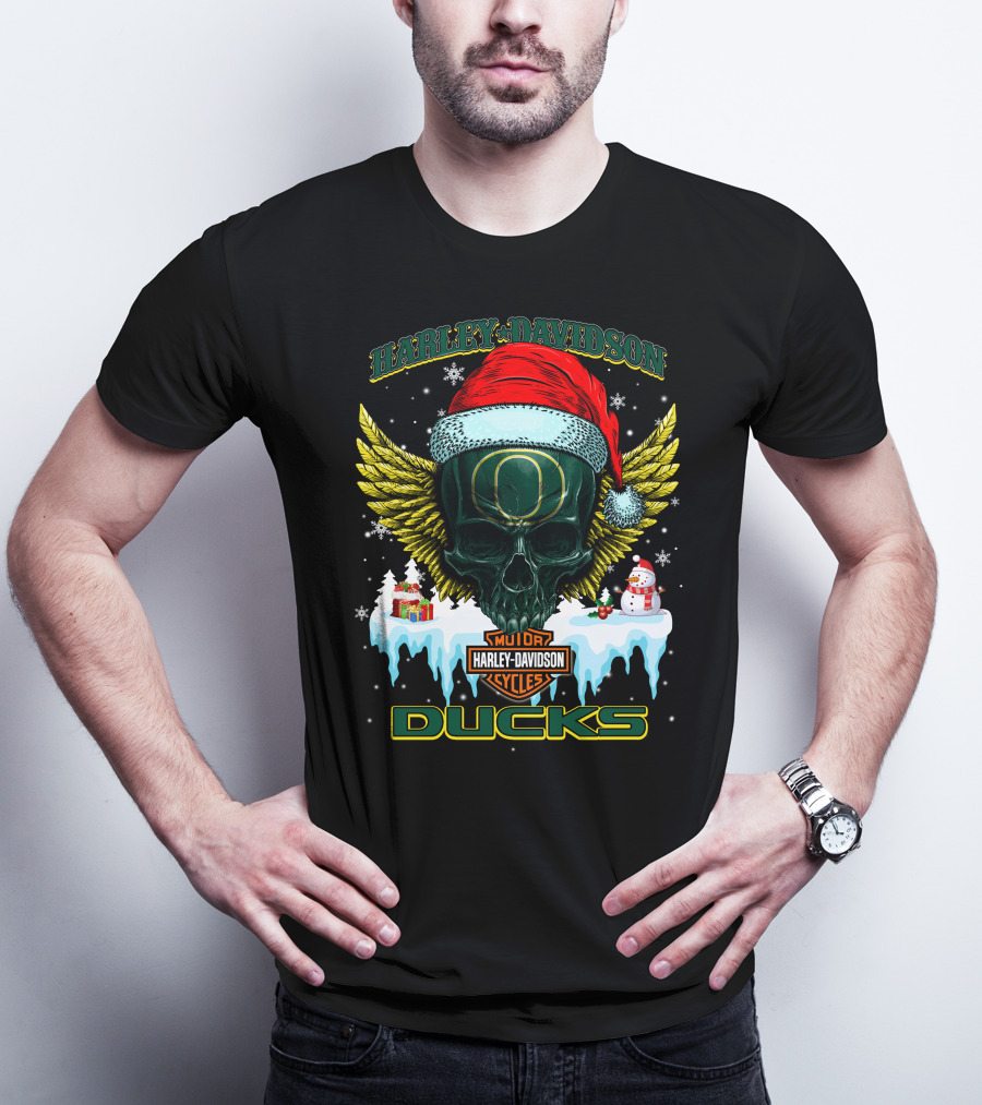 Harley Davidson Oregon Ducks Santa Skull Snowman Holiday T-Shirt