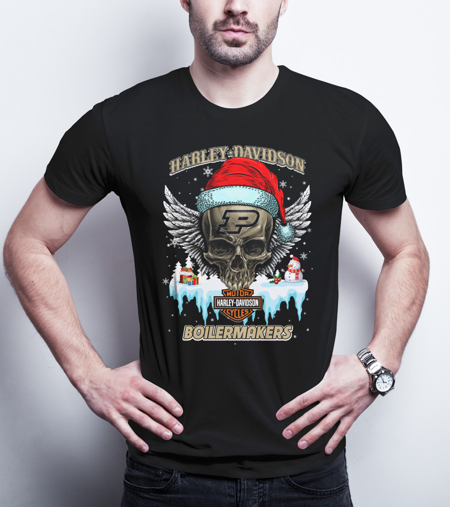 Harley Davidson Purdue Boilermakers Skull With Santa Hat And Snowflakes T-Shirt