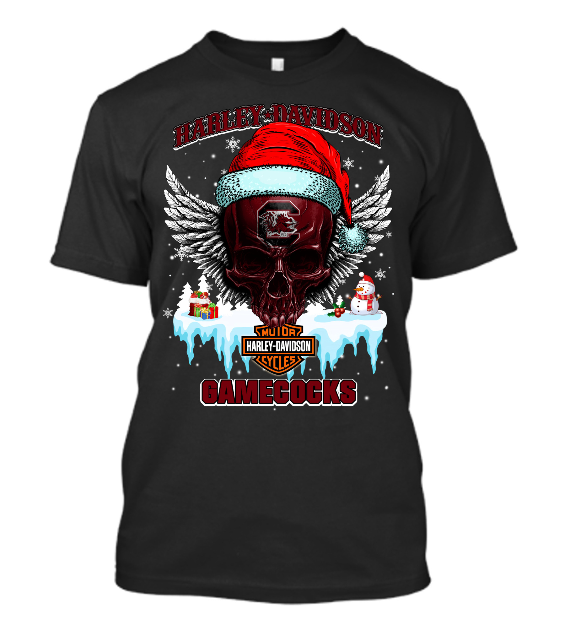 Harley Davidson Gamecocks Christmas Skull With Santa Hat And Snowman T-Shirt